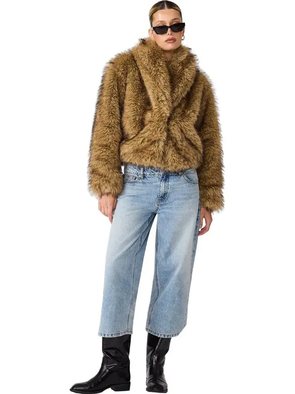 Steve Madden Faux Fur Collared Long Sleeve Coat - Honey