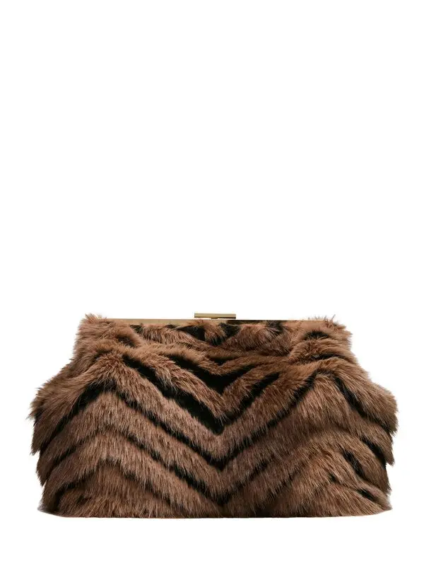 Steve Madden Oversized Faux Fur Clutch With Kiss-lock Closure - Black Tan