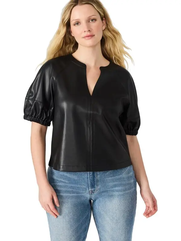 Steve Madden Faux Leather Puff Sleeve Top - Black