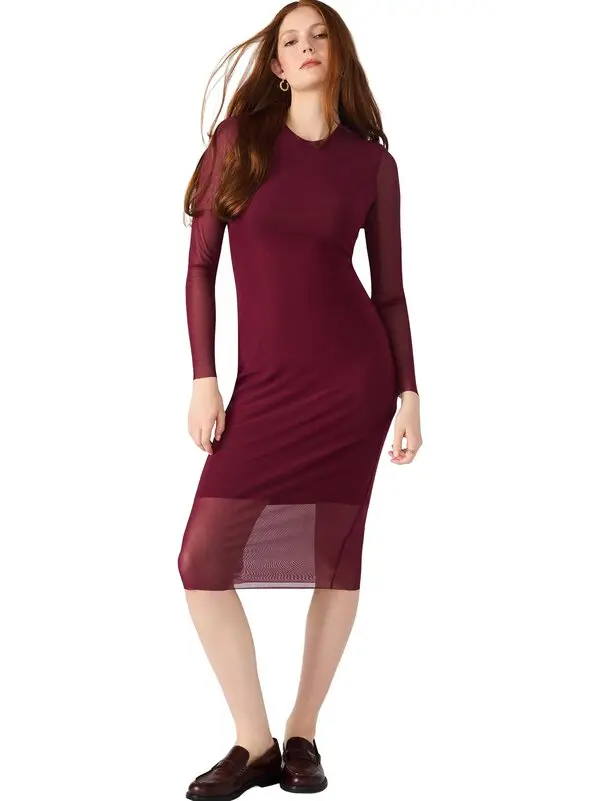 Steve Madden Hailee Long Sleeve Mesh Midi Dress - Wine