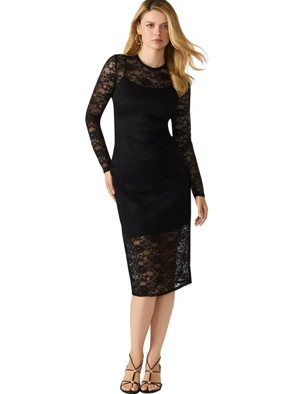 Steve Madden Hailee Lace Midi Dress With Long Sleeves And Mock Neck - Black