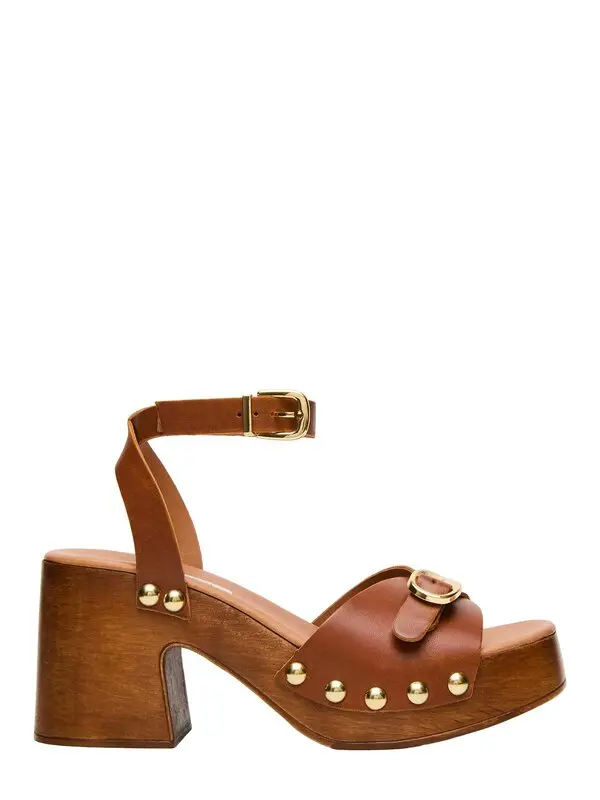 Steve Madden Block Heel Platform Sandals With Buckle And Stud Embellishments - Tan