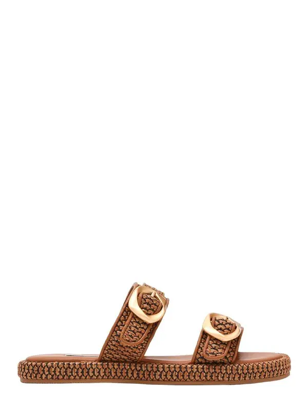 Steve Madden Veya Raffia Mule Sandals With Gold Tone Buckles - Brown Raffia