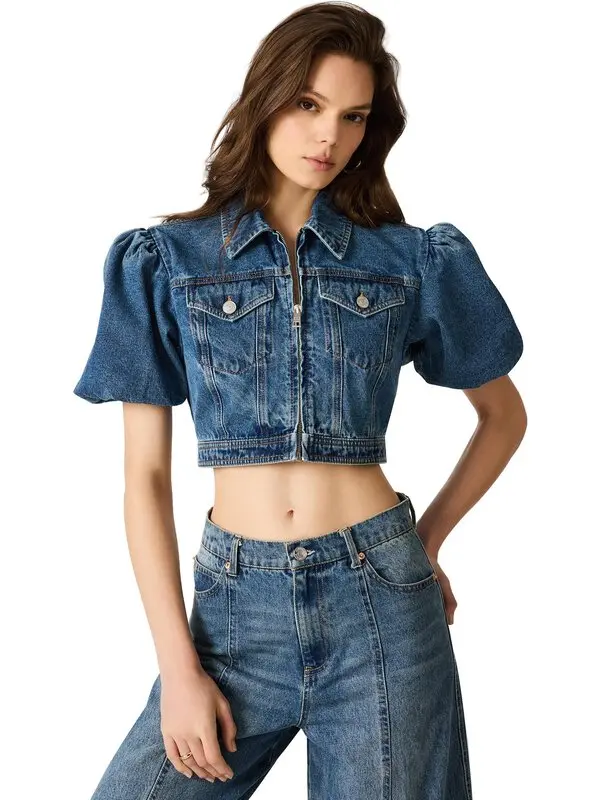 Steve Madden Cropped Denim Jacket With Puff Sleeves - Blue Heather