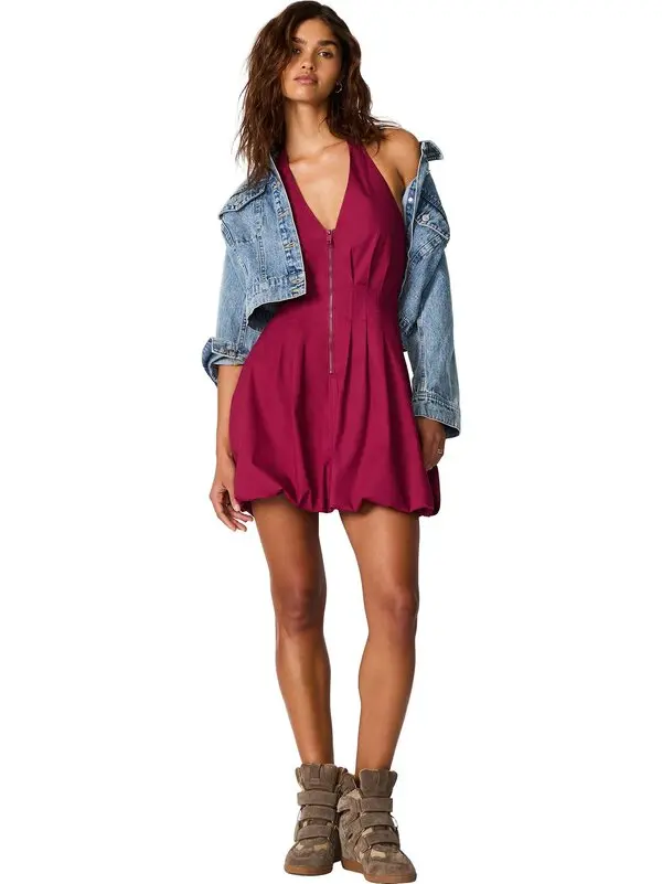 Steve Madden Dianna Halterneck Mini Dress With Zipper Front And Bubble Skirt - Dark Red