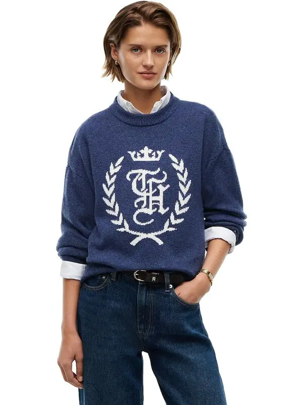 Tommy Hilfiger Intarsia Laurel Leaf Logo Sweater - Blue