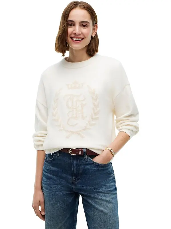 Tommy Hilfiger Intarsia Laurel Leaf Logo Sweater - Cream