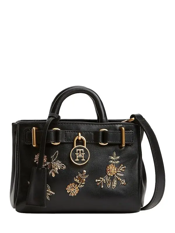 Tommy Hilfiger Floral Motif Leather Micro Tote Bag - Black