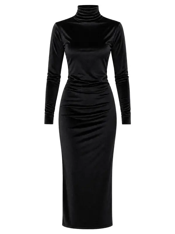 NOLA Gia Velvet Maxi Dress With High Neck And Long Sleeves - Black