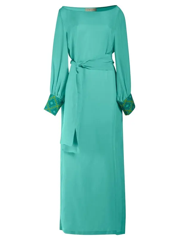 YOMISMA Turquoise Dreams Chiapas Embroidered Kaftan - Blue