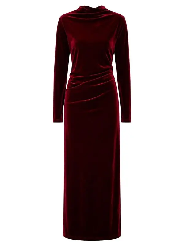 NOLA Gia Velvet Maxi Dress With High Neck And Slit - Red