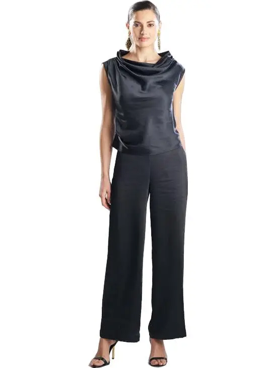 Natori Luxe Satin Drape Neck Top - Black