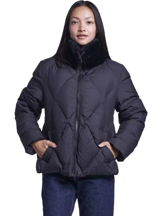 BLUE DUCK Quilted Down Cropped Jacket With Shearling Collar - Black
