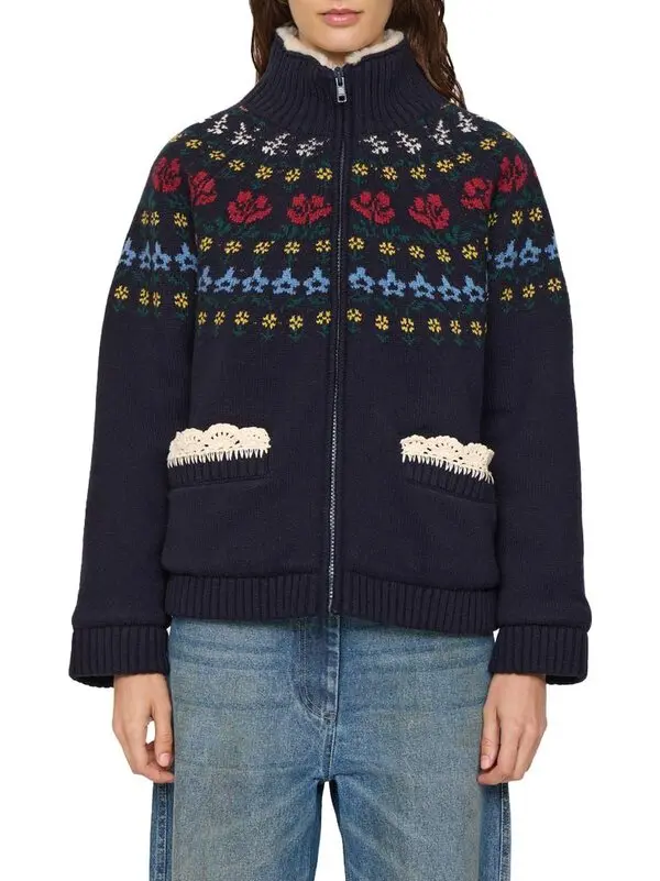 Sea Preston Faux Shearling Lined Knit Jacket - Navy
