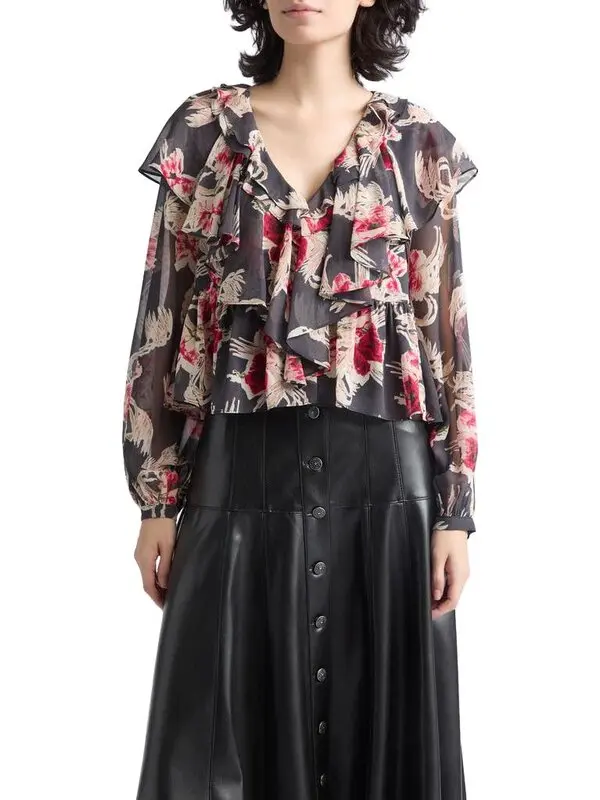 Cinq À Sept Ruffled Floral Top - Obsidian Multi