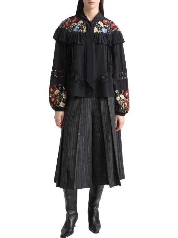 Sea Ruwa Embroidered Tie Neck Top - Black