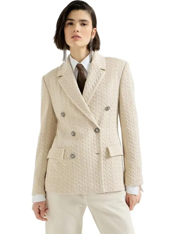 Brunello Cucinelli Sparkling Cotton And Viscose English Rib Knit Blazer With Monili - Cream