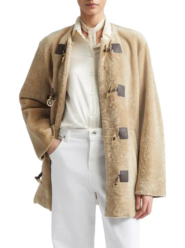 Eleventy Collarless Shearling Toggle Coat - Sand