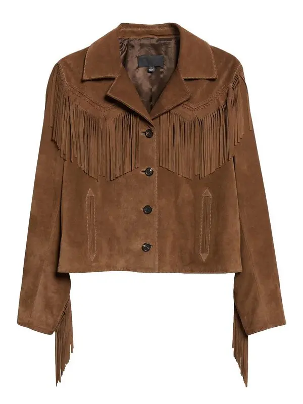 NILI LOTAN Eloi Cropped Suede Fringe Jacket - Hazelnut