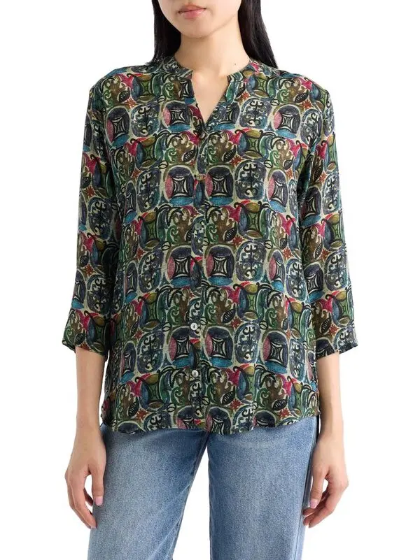 APNY Mandarin Collar Printed 3/4 Sleeve Shirt - Moss/garnet Multi
