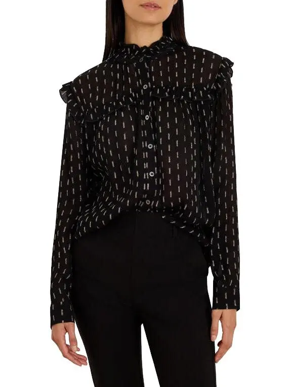 NIC+ZOE Mayfair Nights Ruffle Chiffon Shirt - Black Multi