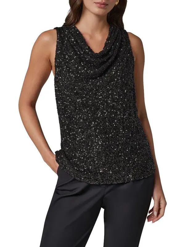 Donna Karan New York Sequin Embellished Cowl Neck Sleeveless Top - Black