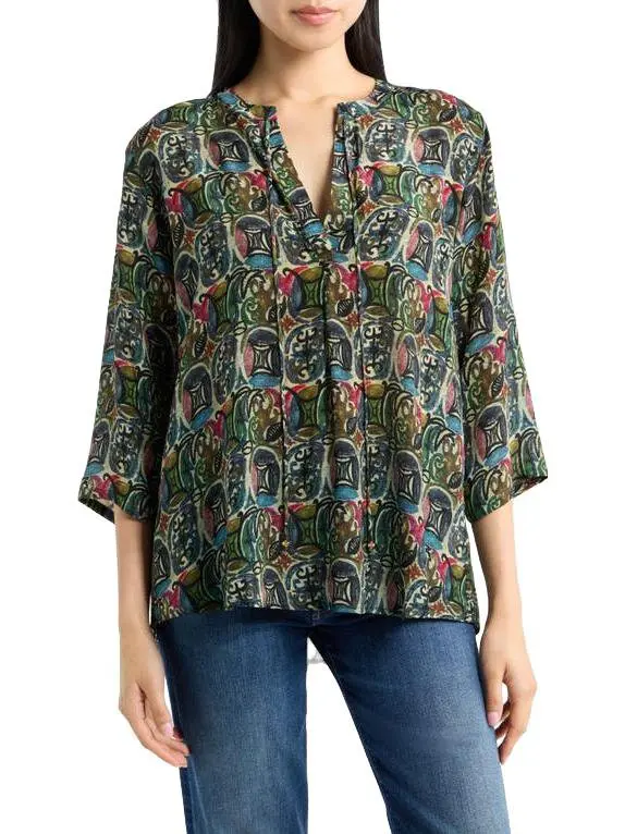 APNY Print Tassel Split Neck Chiffon Top - Moss/garnet Multi