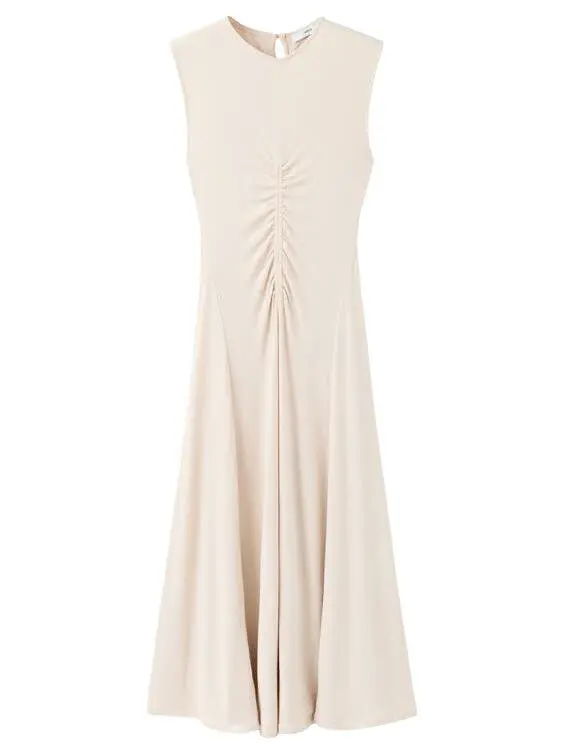 Mango Sleeveless Ruched Midi Dress - Sand
