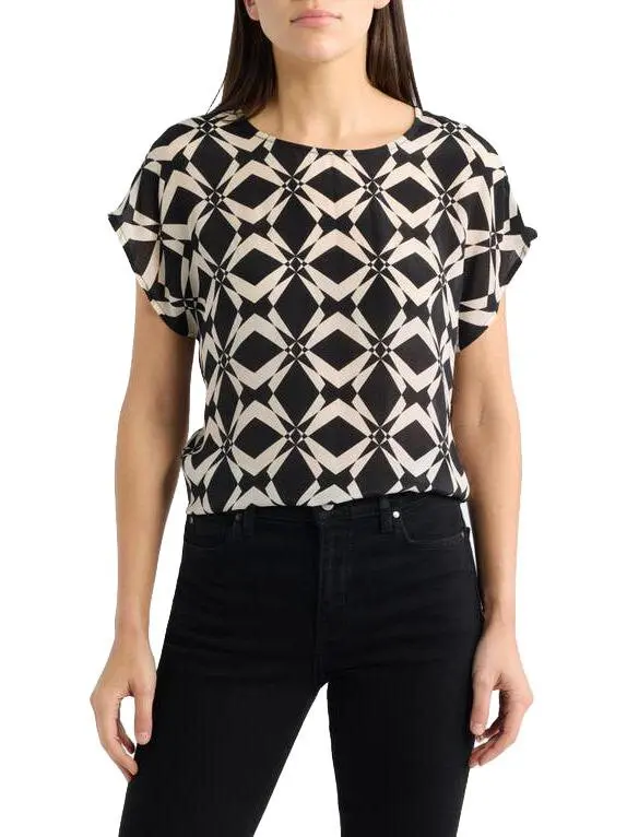 APNY Geometric Print Cap Sleeve Shell - Midnight/ivory