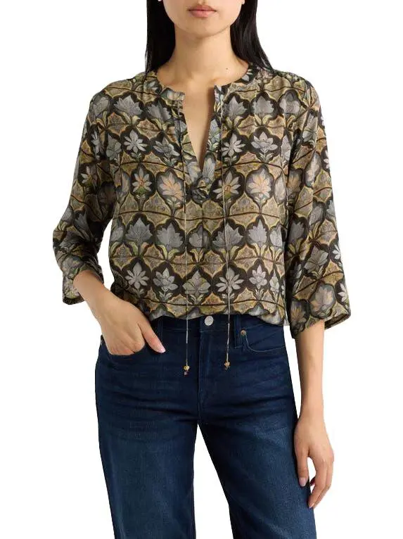 APNY Print Tassel Split Neck Chiffon Top - Sage/peweter Multi