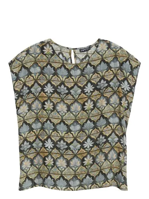 APNY Print Cap Sleeve Shell - Sage/peweter Multi