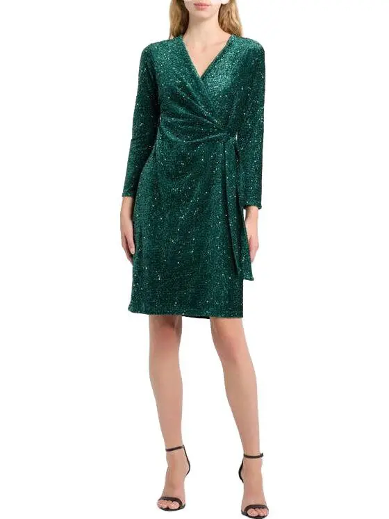 Anne Klein Sequin Long Sleeve Wrap Dress - Pine Forest