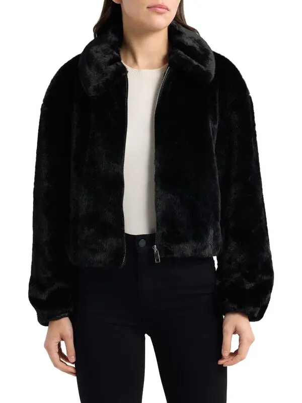 CECE DUPRAZ Zip Front Faux Fur Jacket - Black