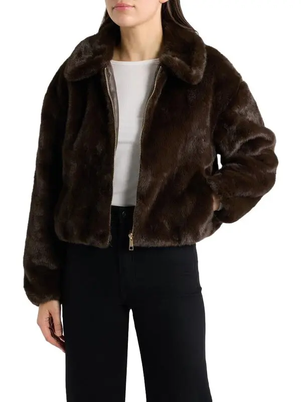 CECE DUPRAZ Zip Front Faux Fur Jacket - Chocolate