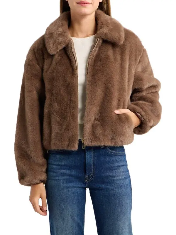 CECE DUPRAZ Zip Front Faux Fur Jacket - Mocha