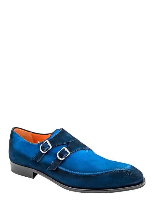 Mezlan Cascade Double Monk Strap Shoe In Spanish Suede - Indigo