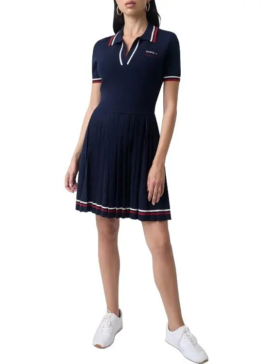 Guess Short Sleeve Polo Sweater Dress With Pleated Skirt - Navy