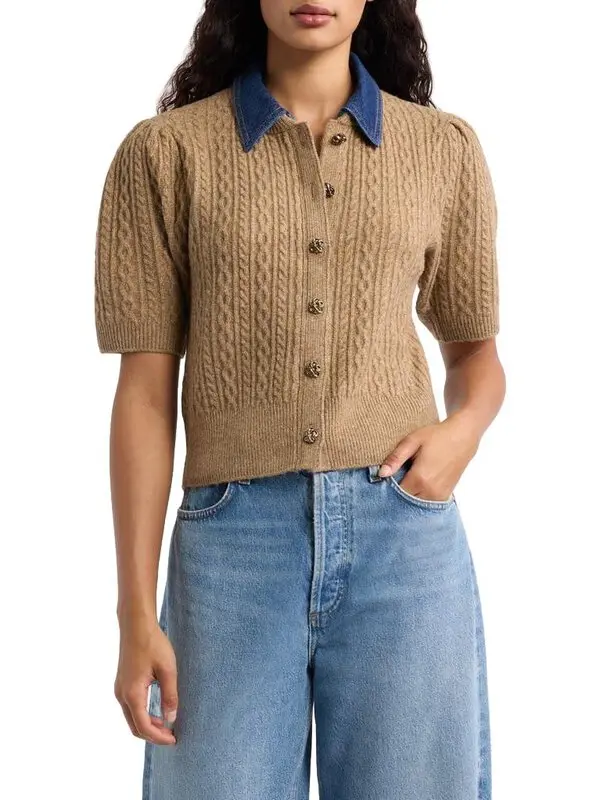 Love The Label Cable Knit Cardigan With Denim Collar - Cedar