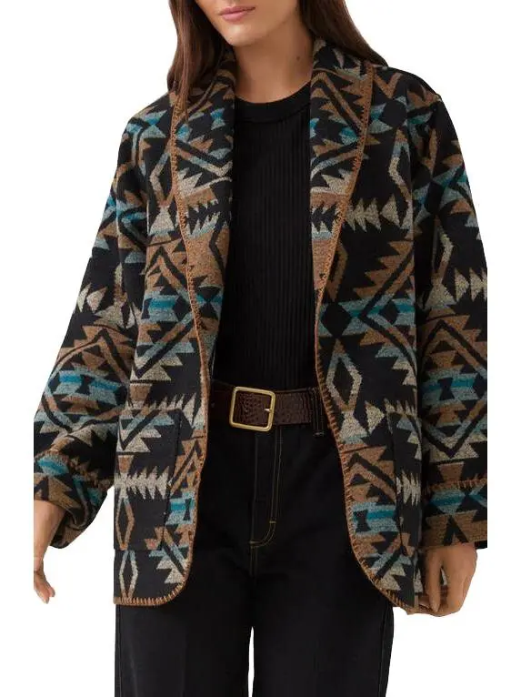 Karen Kane Southwestern Print Shawl Collar Ranch Jacket - Black Combo