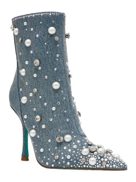 Betsey Johnson Embellished Stiletto Booties - Denim