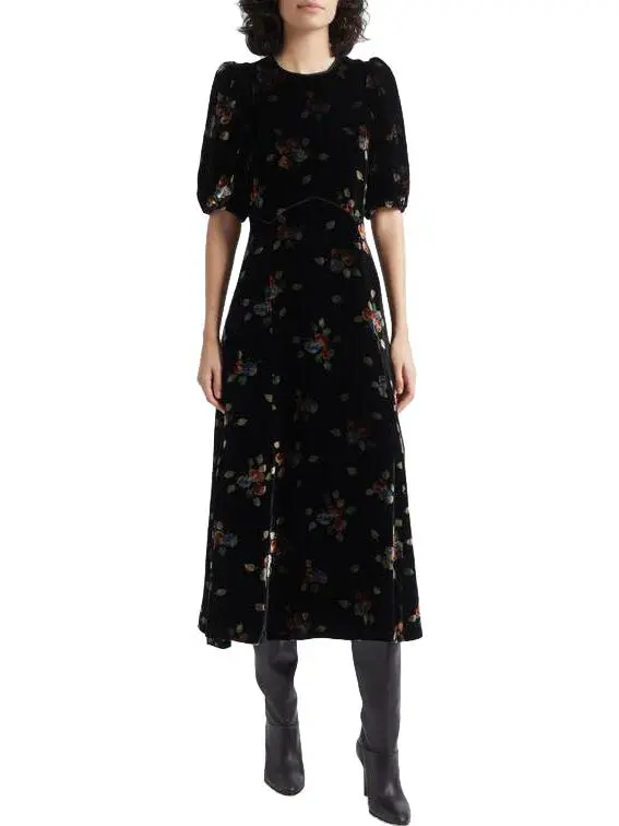 Sea Velvet Floral Puff Sleeve Midi Dress - Black