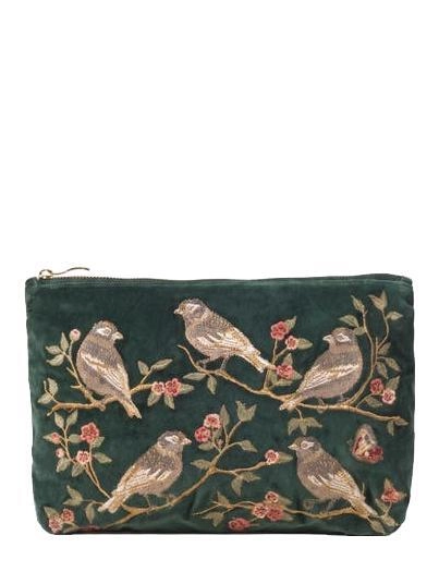 ELIZABETH SCARLETT Songbirds Secret Garden Velvet Everyday Pouch - Forest