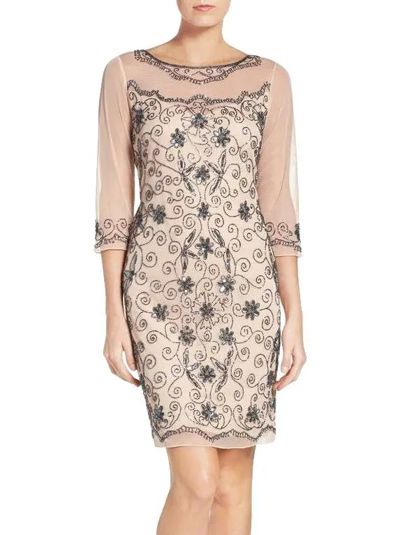 Pisarro Nights Beaded Mesh Sheath Dress - Rose