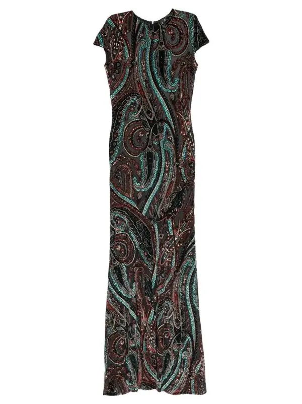 Etro Paisley Velvet Gown Dress - Green