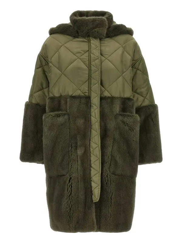 BLANCHA Long Quilted Down Jacket With Mink Inserts - Green