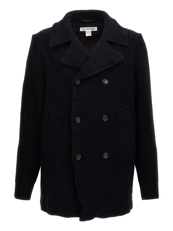 Comme Des Garçons Double-breasted Wool Coat With Knitted Sleeves - Blue