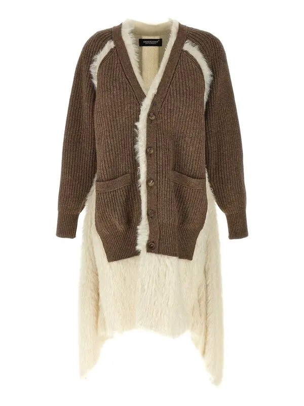 Undercover Braided Wool Cardigan With Faux Fur And Metallic Inserts - Brown