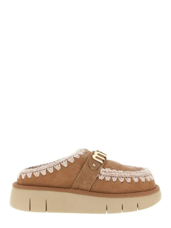 Mou Suede Fur Lined Clogs With Metal Logo Detail - Multi