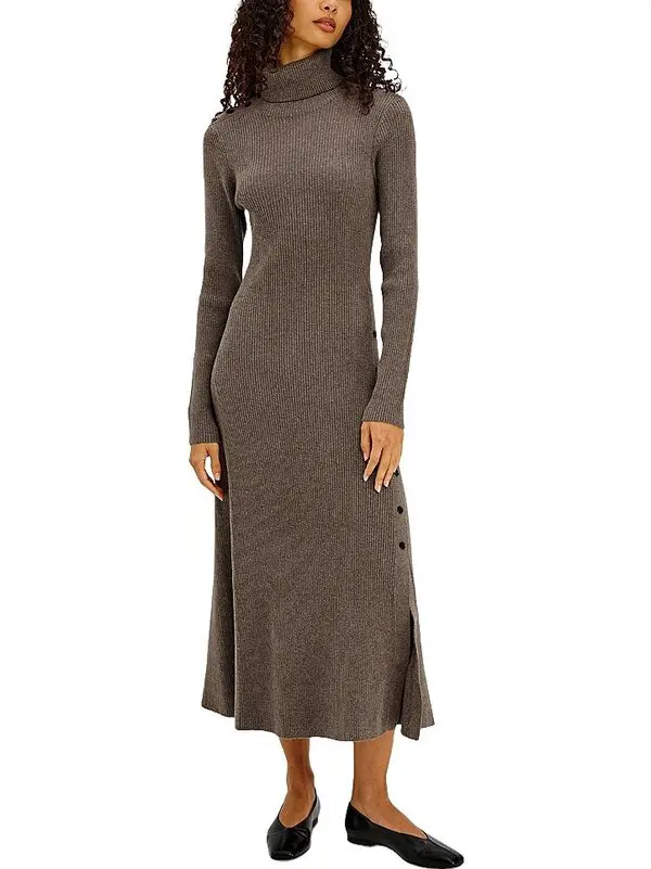 Rails Button Trim Ribbed Knit Turtleneck Dress - Hazelnut