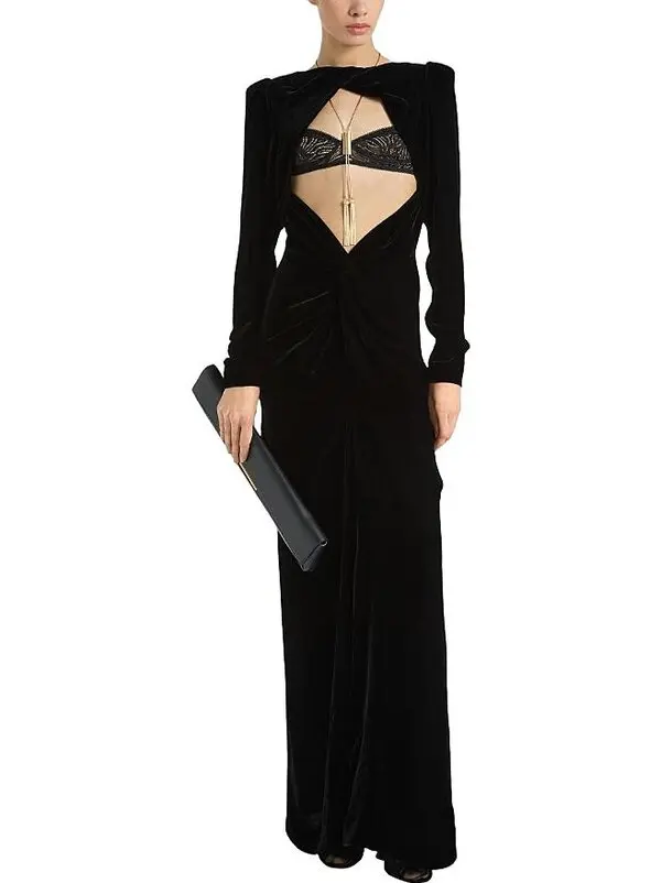 Balmain Long Velvet And Lace Dress - Black